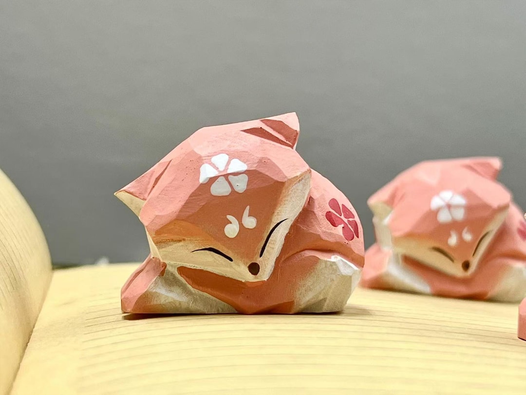 Handmade Wooden Fox Decor Ornament, Wooden Pink Fox Art Carving for ...