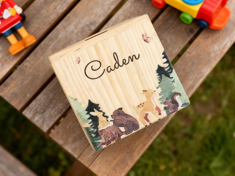 Personalized Wild Animal Piggy Bank for Baby, Custom Wooden Coin Bank ...