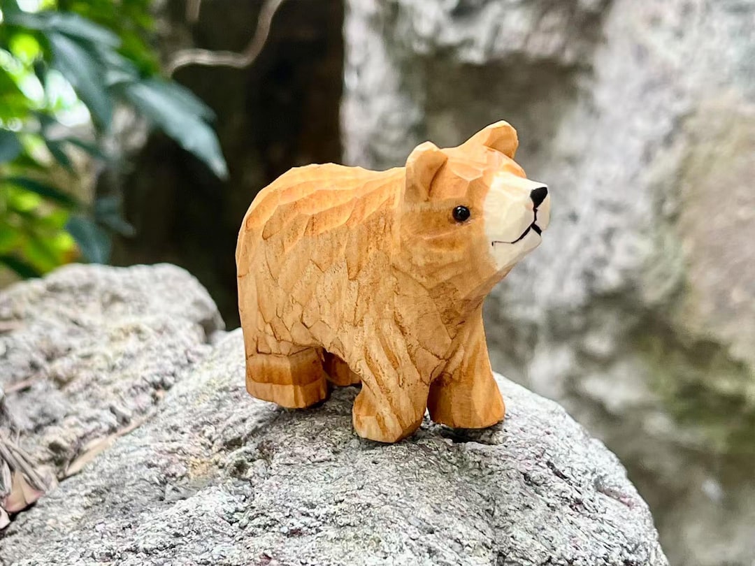 Hand-carved Wooden Bears Desktop Decor Ornament, Adorable Wooden Bear ...