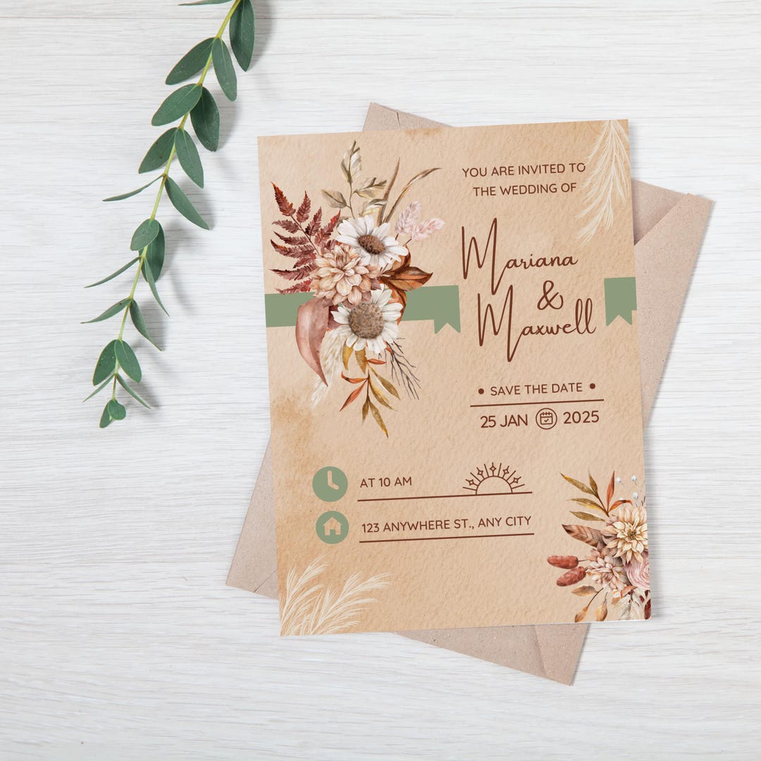 Elegant Fall Floral Wedding Invitation, Wedding Invitation Template ...