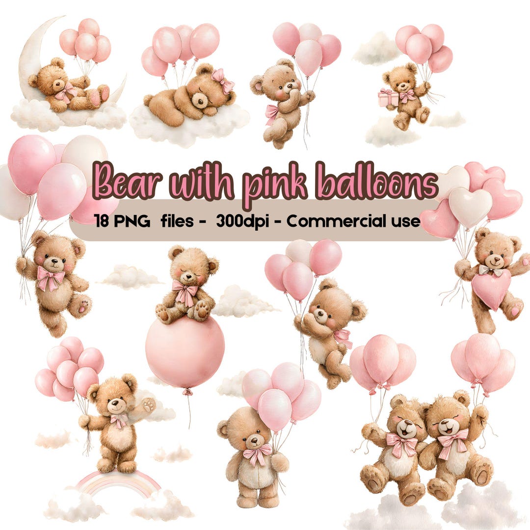 Cute Teddy Bear With Pink Balloons PNG Clipart Bundle, Baby Shower ...