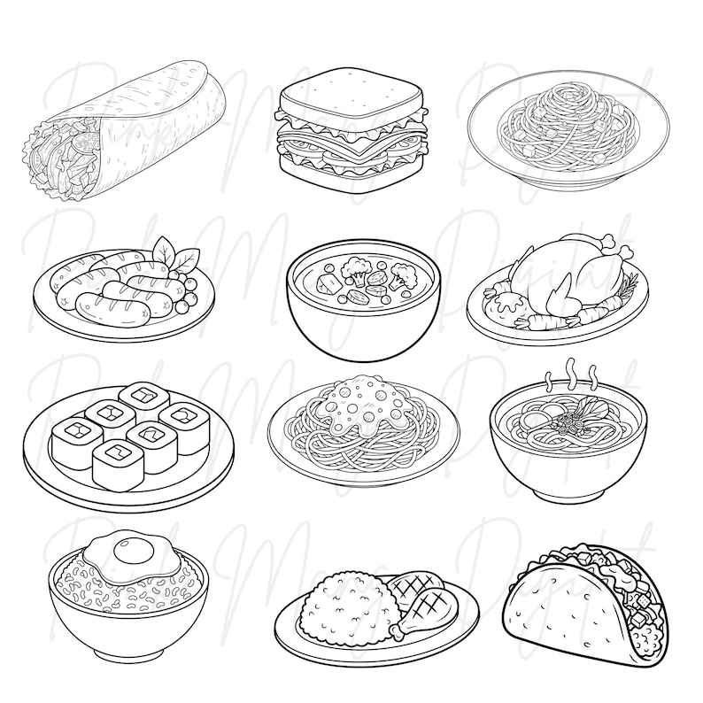 Food Line Art Clipart Bundle PNG | Hand Drawn Meals Desserts Drinks ...