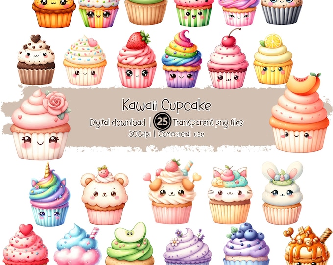 Watercolour Kawaii Cupcake Clipart Cute Chibi Cupcake PNG Digital Image ...