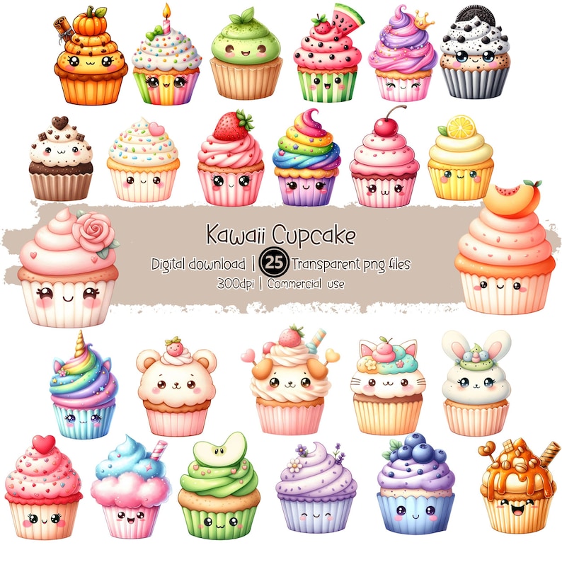 Kawaii Cupcake PNG Bundle | 25 Cute Dessert Clipart | Transparent ...