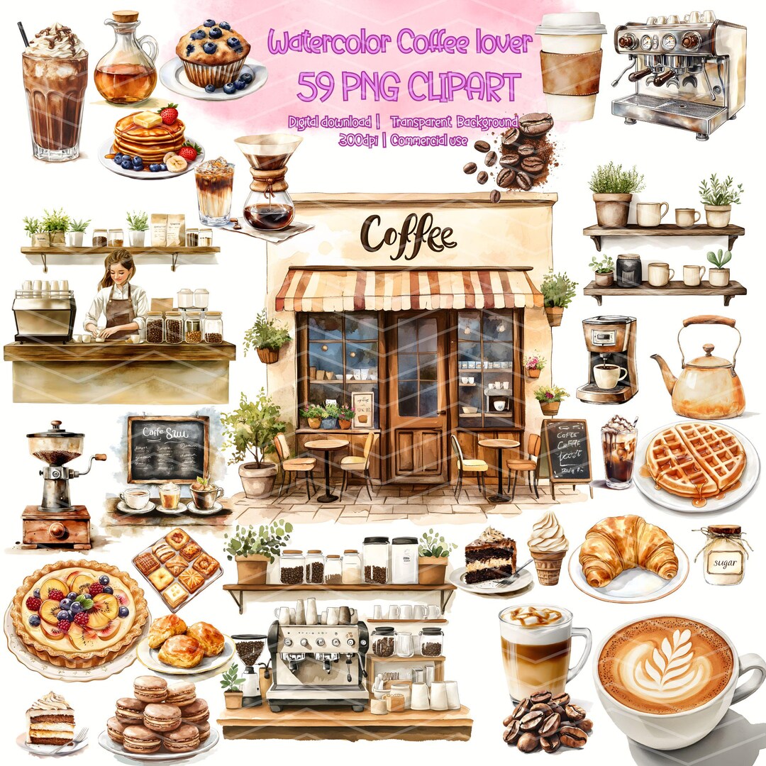 Watercolor Coffee Lover Clipart PNG Bundle, Coffee and Dessert Coffee ...