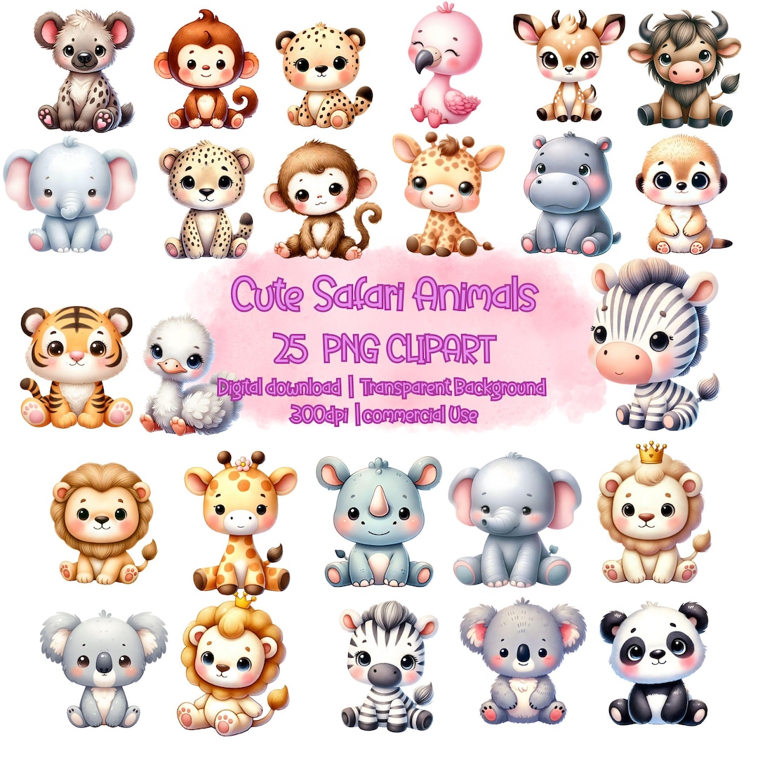25 Cute Safari Animal Clipart Bundle, Baby Animal Clipart, Nursery ...