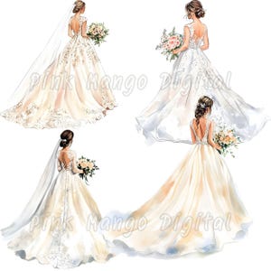 Watercolor Bride Back Floral Clipart, Wedding Illustration, PNG Files ...