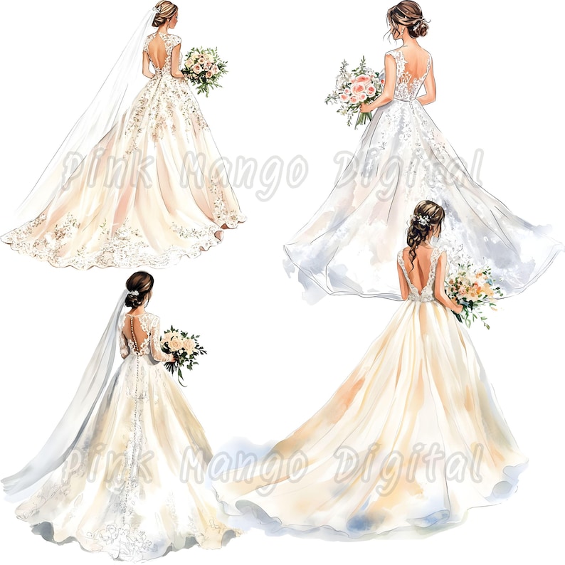 Watercolor Bride Back Floral Clipart, Wedding Illustration, PNG Files ...