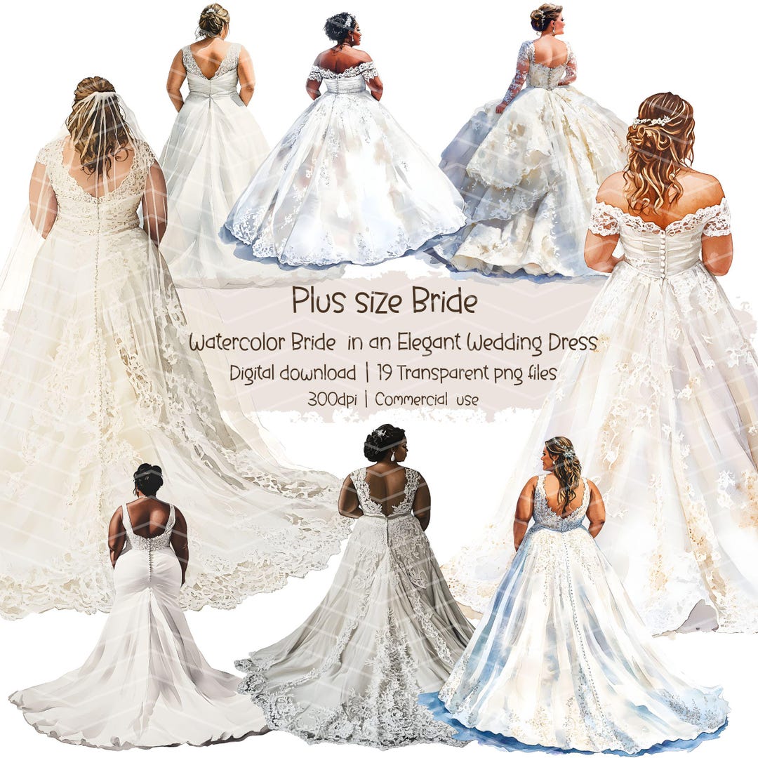 Plus Size Bride in an Elegant Wedding Dress, Watercolor Wedding Bridal ...