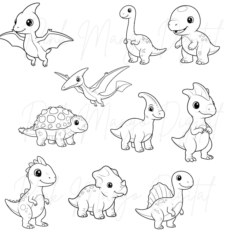 Dinosaur Clipart Bundle, 50 PNG Dino Line Art, Dinosaur Coloring Pages ...