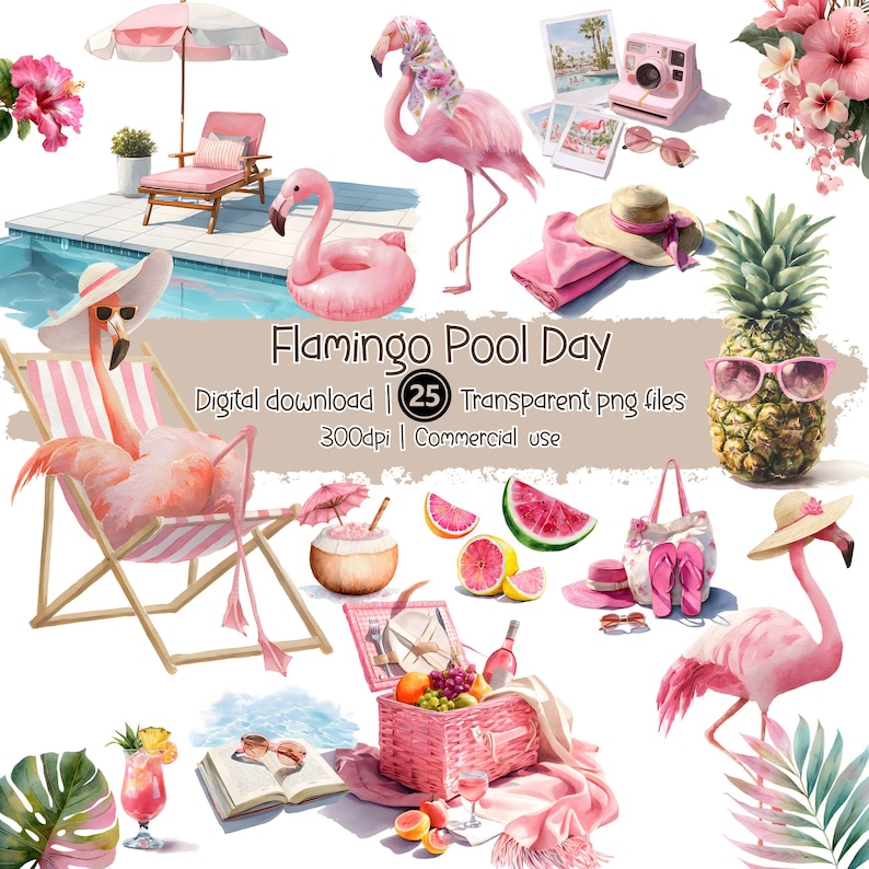 Flamingo Pool Day Clipart Bundle | 25 Tropical Summer Pngs | Pink Beach ...