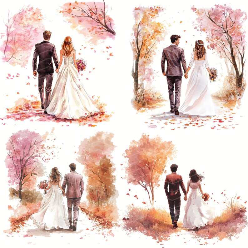 Watercolor Autumn Wedding Clipart: Bride & Groom PNG (digital Download ...