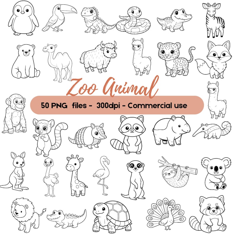 Zoo Animals Clipart Bundle, Animal Line Art, Zoo Coloring Pages ...
