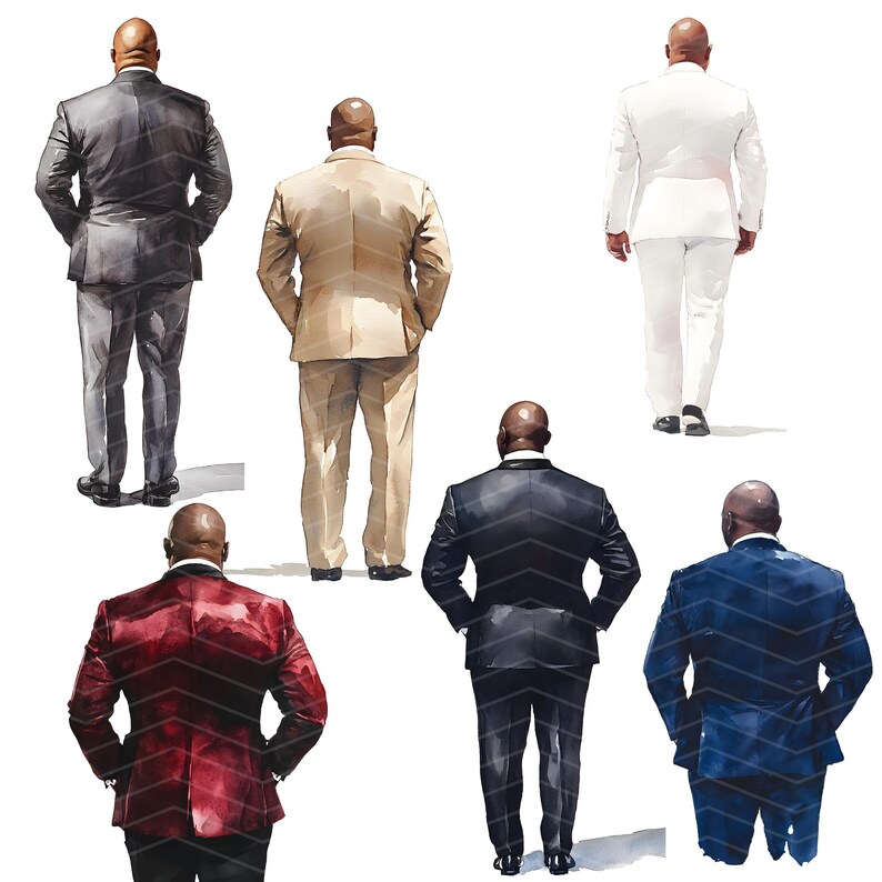 Watercolor Bald Groom in Suit – Back View, Wedding Illustration ...