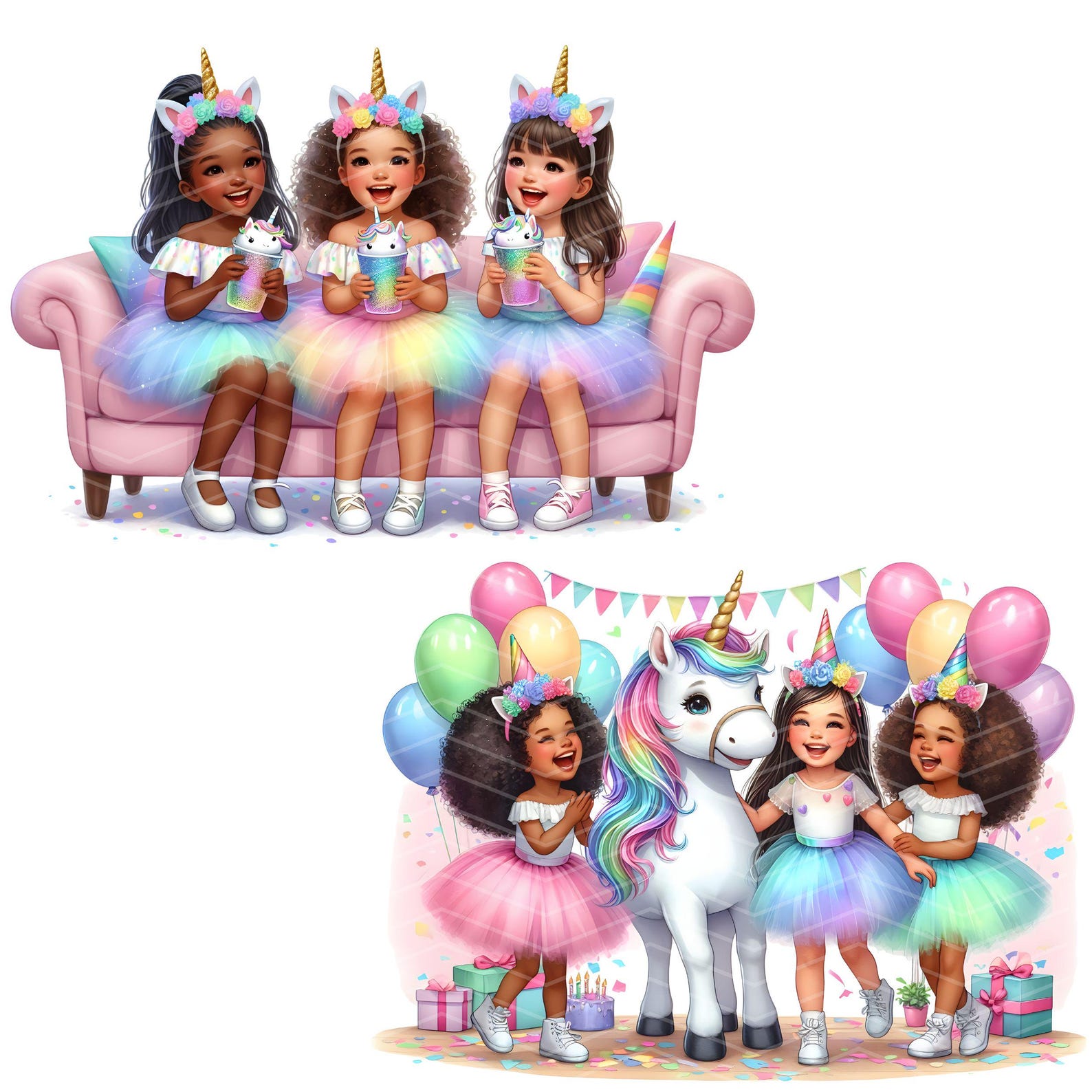 Unicorn Birthday Party Clipart, Rainbow Pastel Unicorns PNG, Unicorn ...