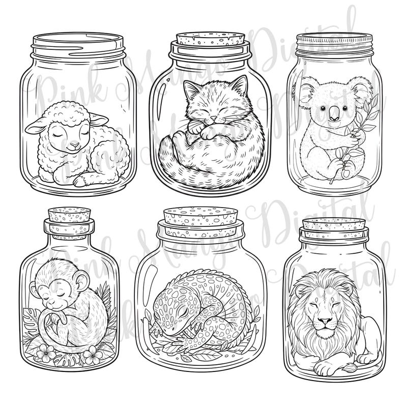 Animals in a Jar Line Art Clipart, Cute Animal Coloring Pages PNG ...