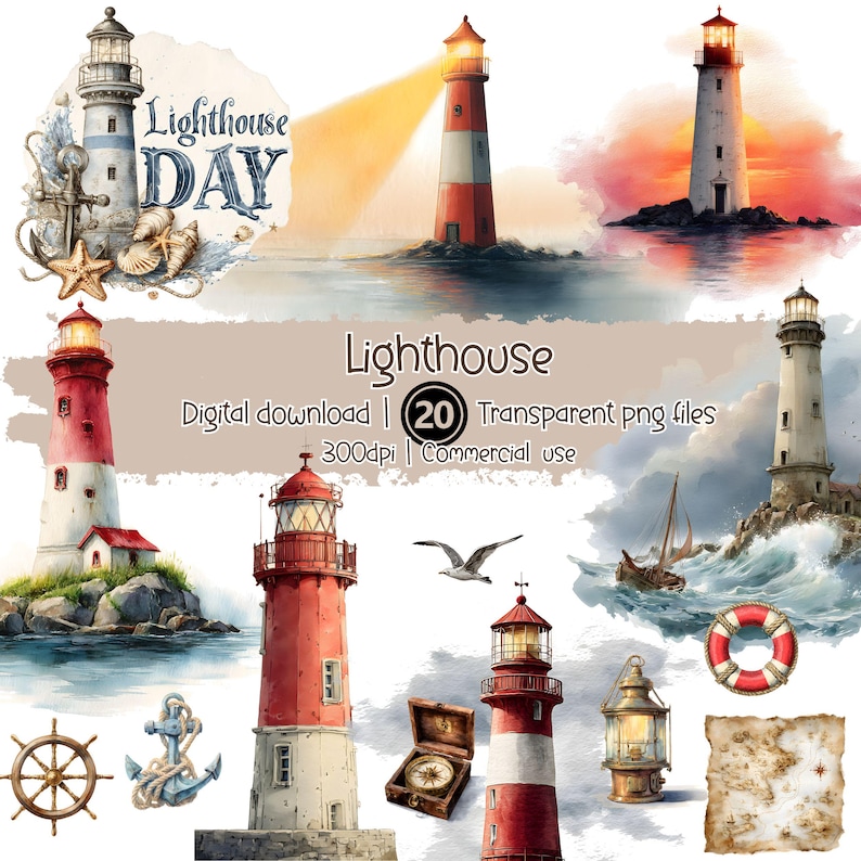 Watercolor Lighthouse Clipart Bundle: 20 Nautical PNG Elements (digital ...