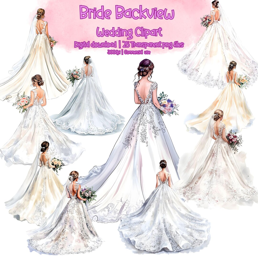 Watercolor Bride Back Floral Clipart, Wedding Illustration, PNG Files ...