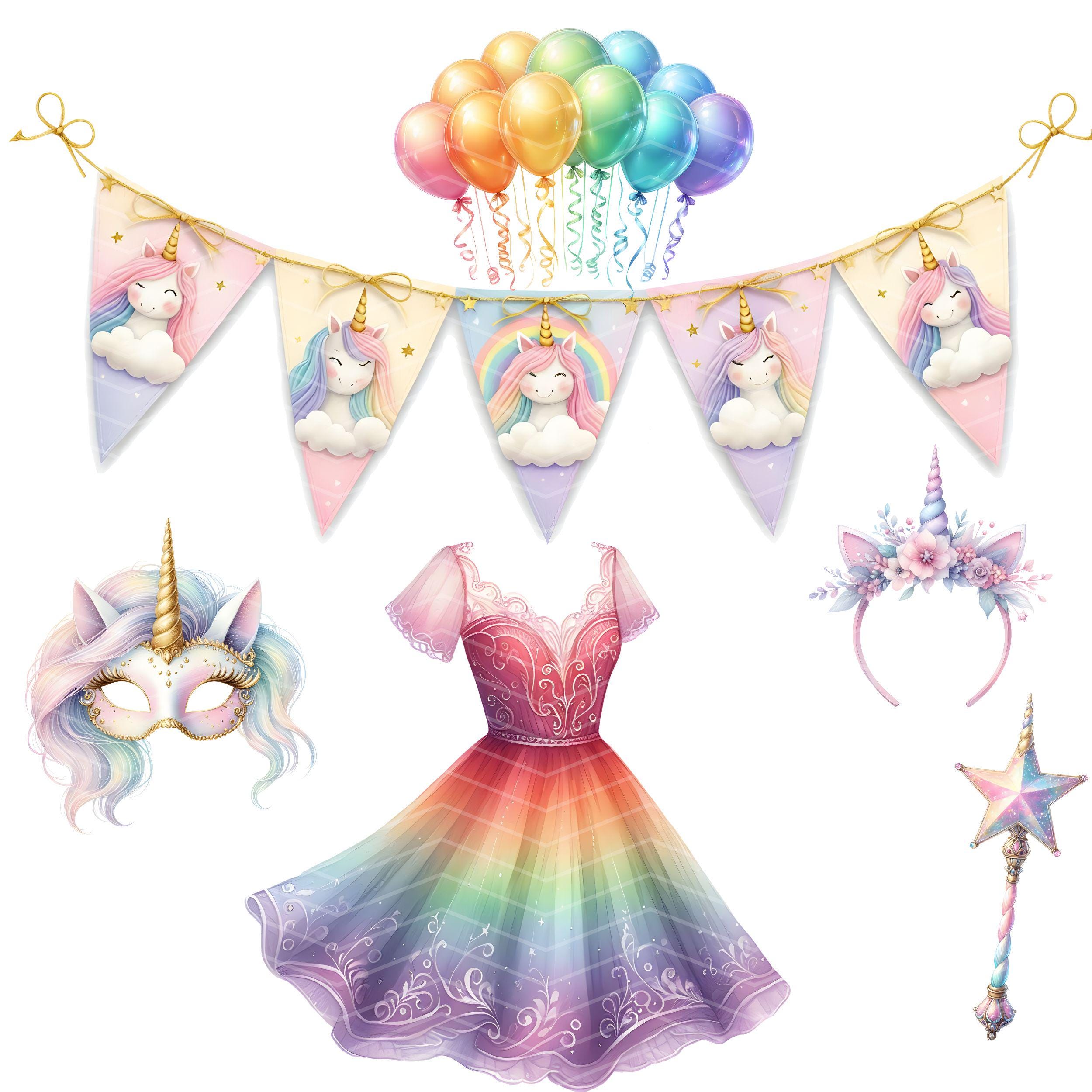 Unicorn Birthday Party Clipart, Rainbow Pastel Unicorns PNG, Unicorn ...