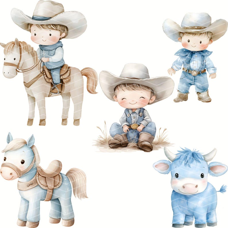Watercolor Little Cowboy PNG Clipart Bundle, Wild West Baby Shower ...