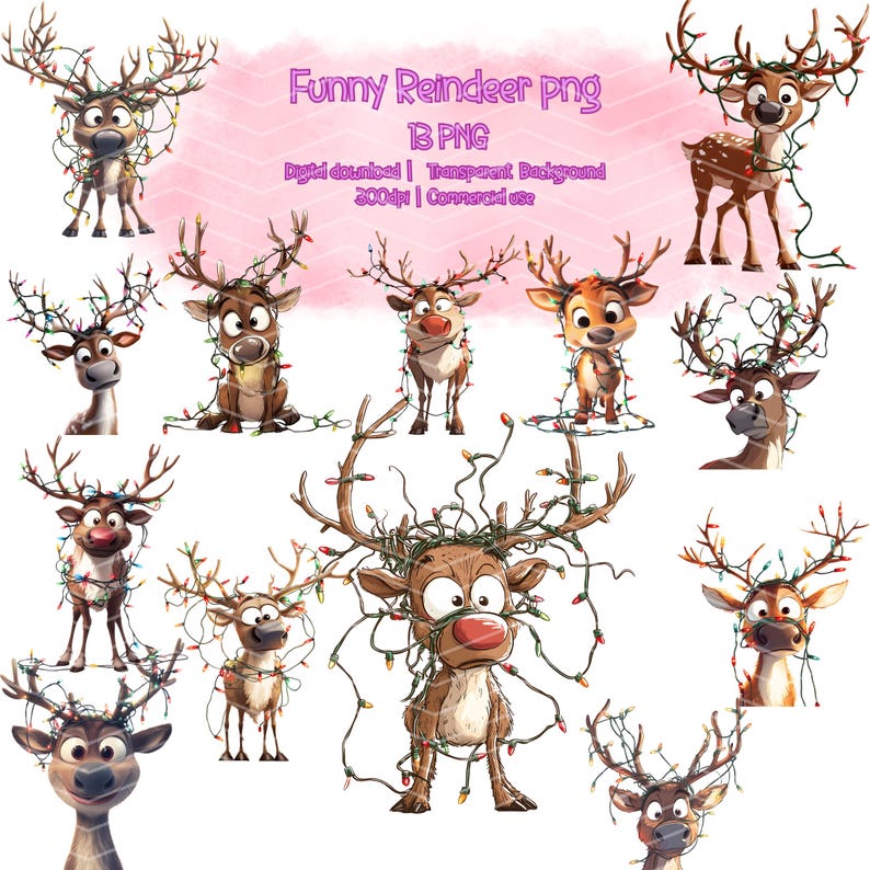 Funny Reindeer Clipart Bundle Christmas Reindeer With Lights Reindeer ...