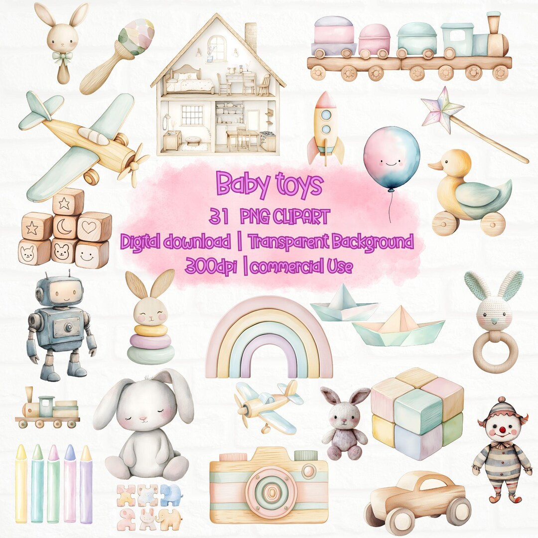 Watercolor Baby Toys Clipart Bundle | Cute Baby Toys PNG | Nursery ...