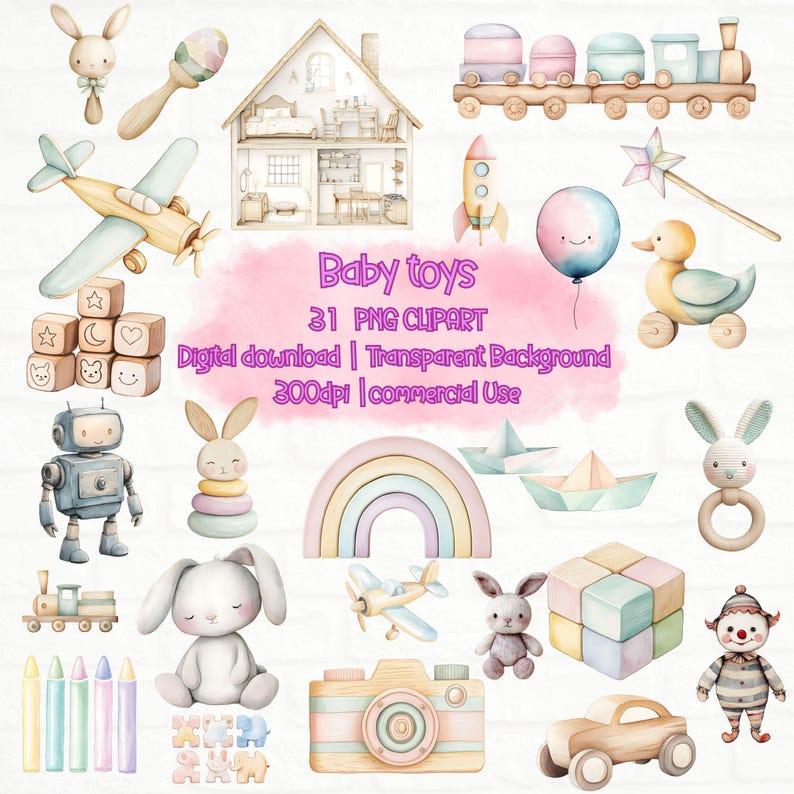 Watercolor Baby Toys Clipart Bundle | Cute Baby Toys PNG | Nursery ...