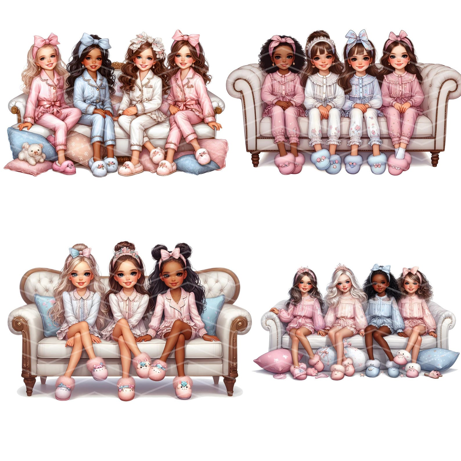Girl Pajama Party Clipart Set, Glam Girl Clipart, Cute Girl in Pajama ...