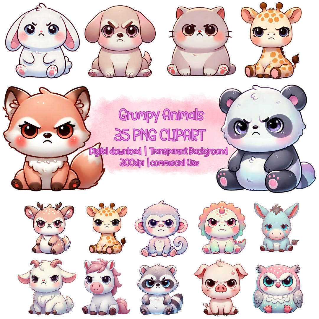 Cute Grumpy Animals PNG Clipart Bundle, Cute Angry Animal, Cartoon ...