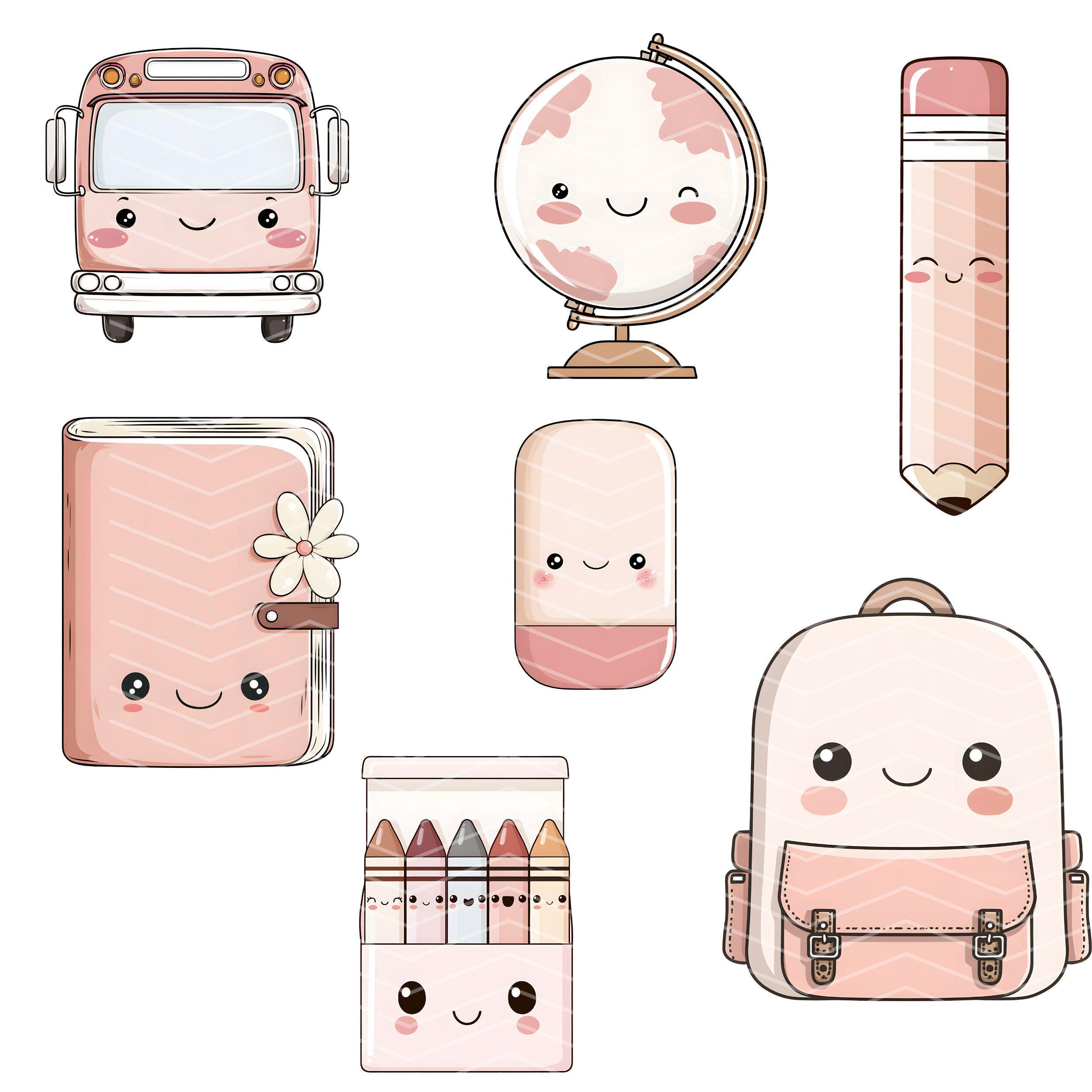 Kawaii School Supplies Clipart: Pastel Pink Classroom Decor (52 PNG ...