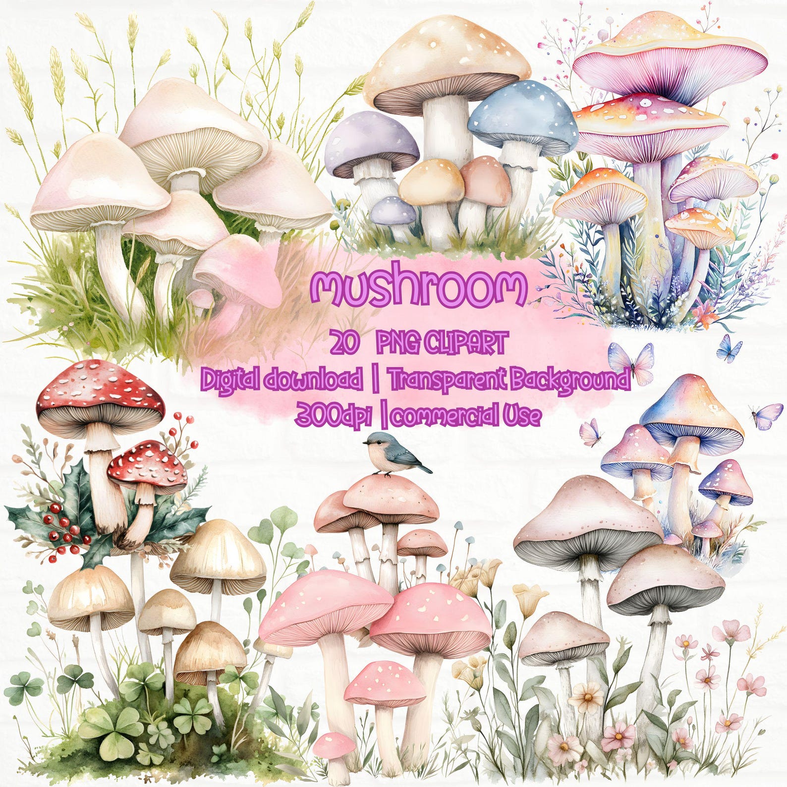 Watercolor Mushroom Clipart Bundle: 20 PNG Designs (digital Download ...