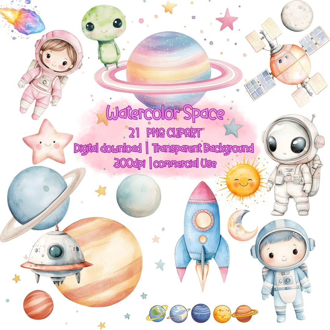 Watercolor Space Clipart Bundle, Cute Astronauts Planets Stars Aliens ...