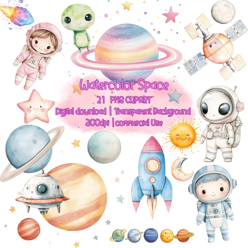 Watercolor Space Clipart Bundle, Cute Astronauts Planets Stars Aliens ...