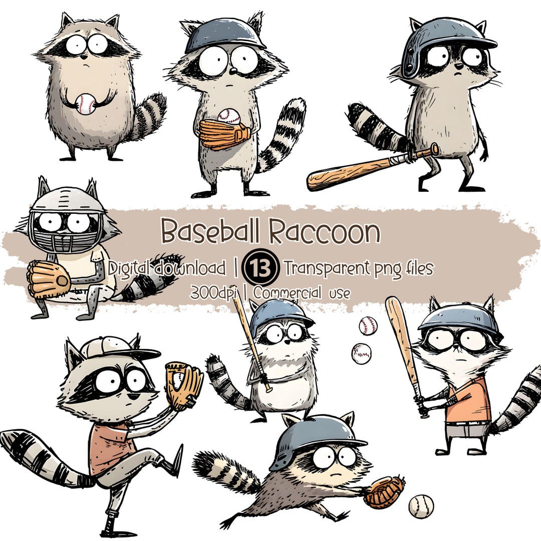 Baseball Raccoon Clipart Set: Funny Sports Animal PNG (digital Download ...
