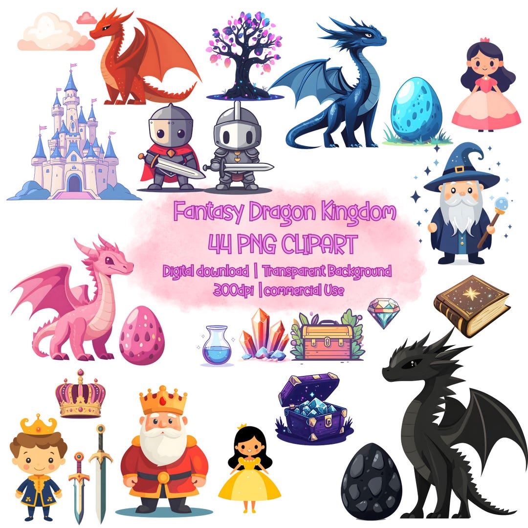 Fantasy Dragon Kingdom Clipart Bundle | Digital PNG Pack With Dragons ...