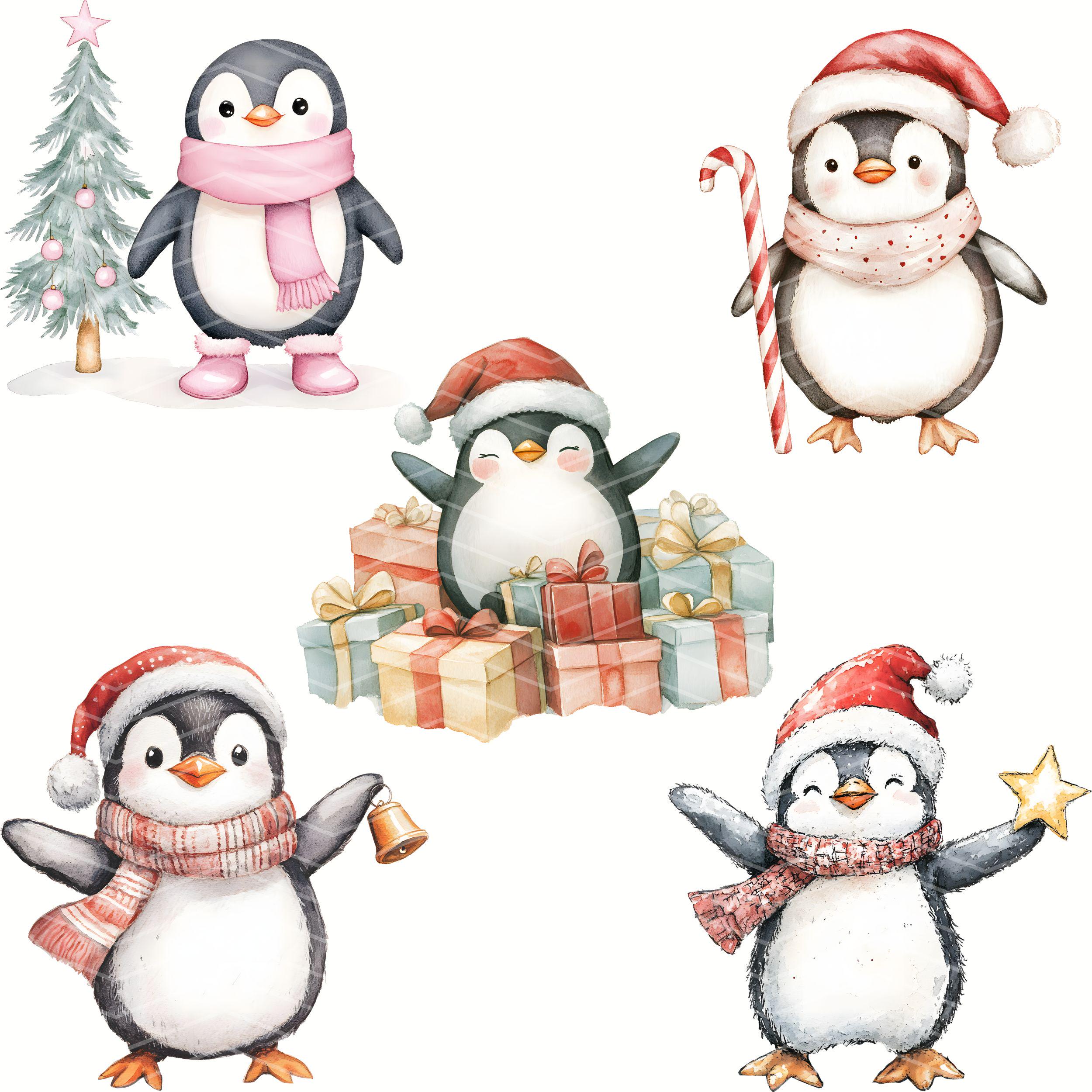 Watercolor Christmas Penguin Clipart Bundle: Holiday PNG Images ...