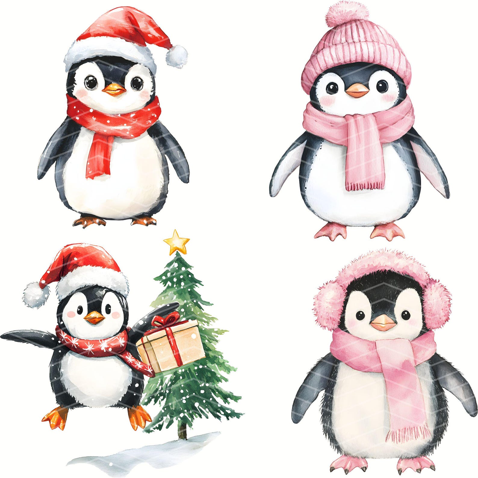 Watercolor Christmas Penguin Clipart Bundle: Holiday PNG Images ...