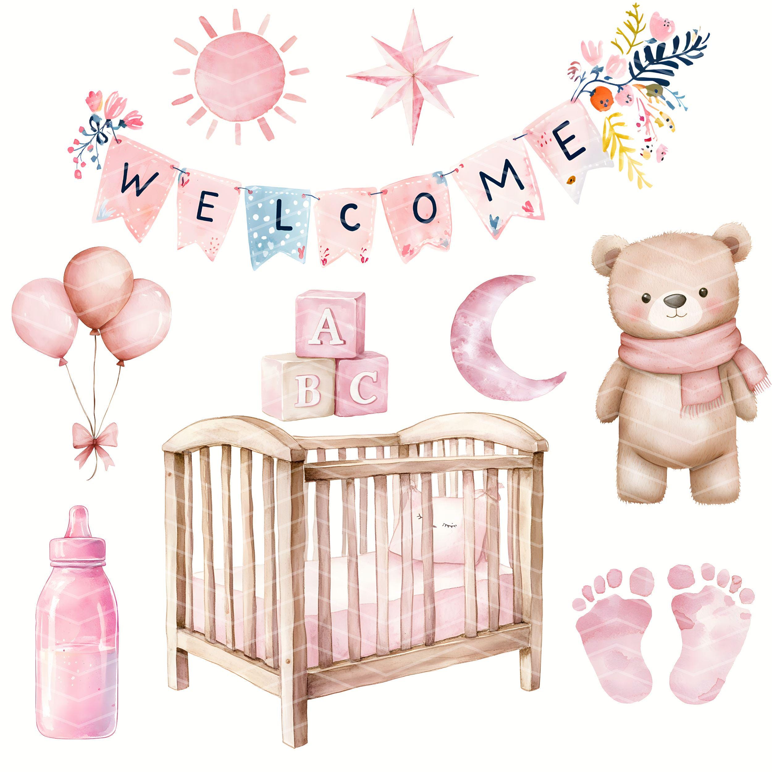 Girl Baby Shower Clipart Bundle Watercolor PNG Nursery Decor Pink ...