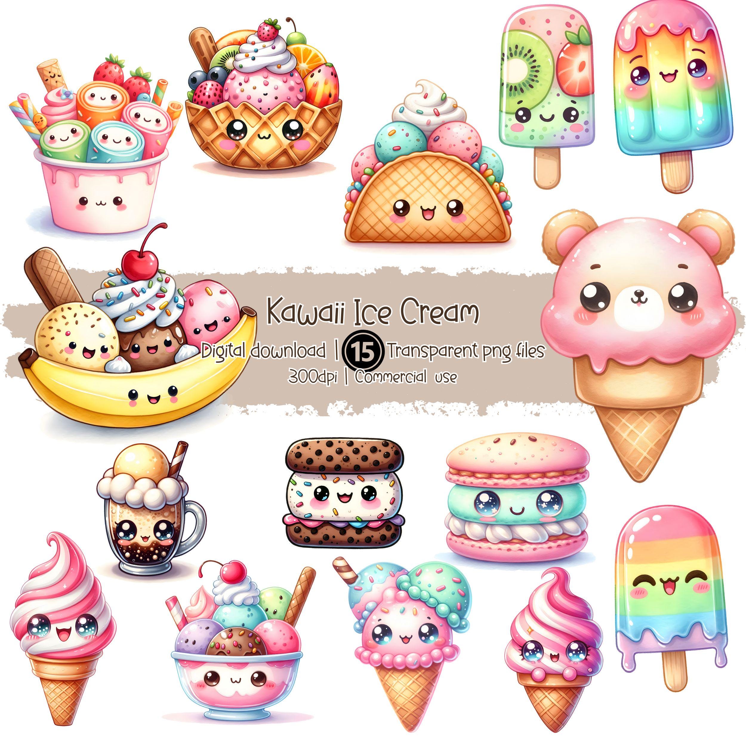 Kawaii Ice Cream Clipart Bundle | Cute Dessert PNG | Pastel Ice Cream ...