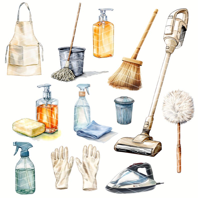 Watercolor Housekeeping Clipart, Cute Cleaning Supplies, Cleaning ...