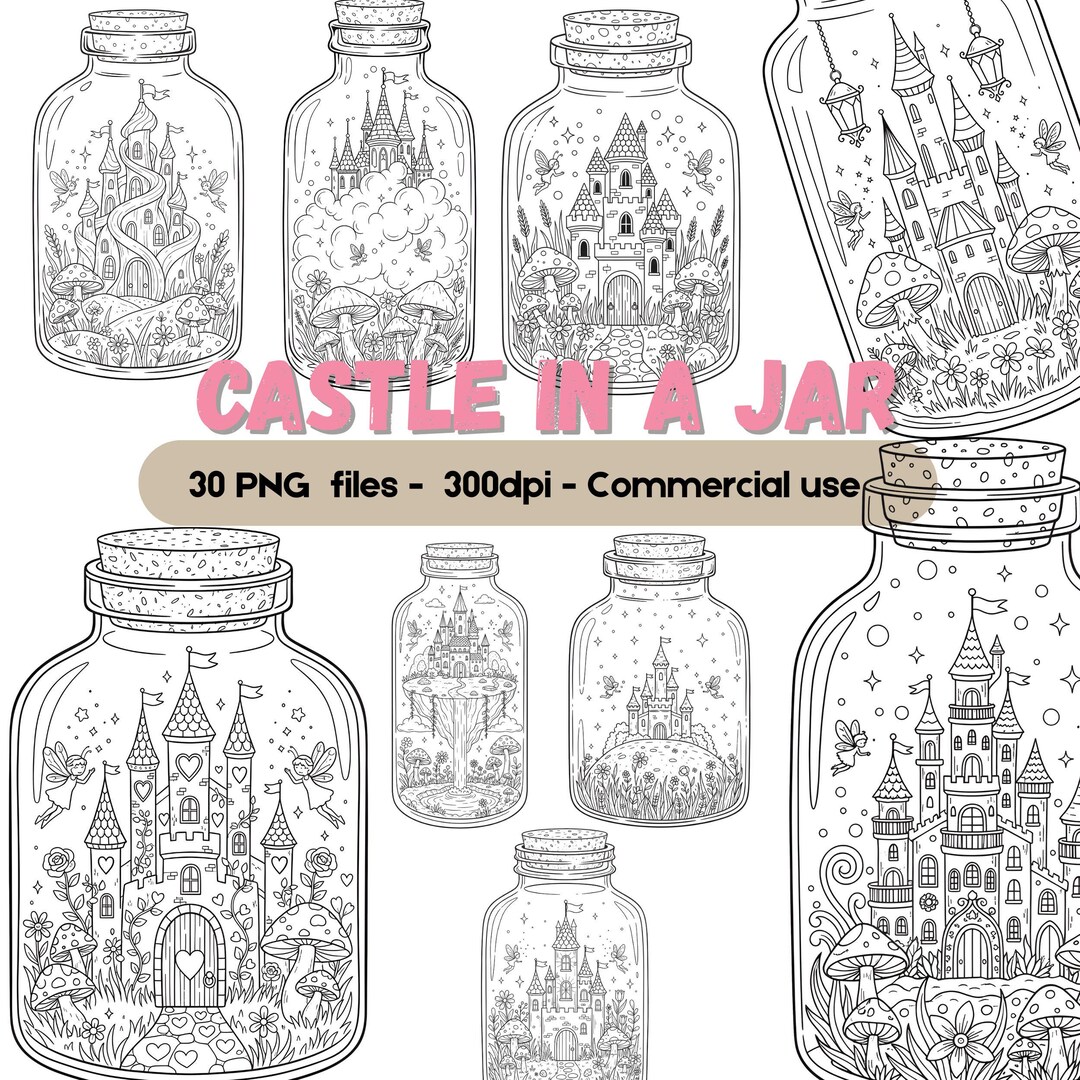 Castle in a Jar Line Art PNG, Fairycore Coloring Pages, Fantasy Castle ...