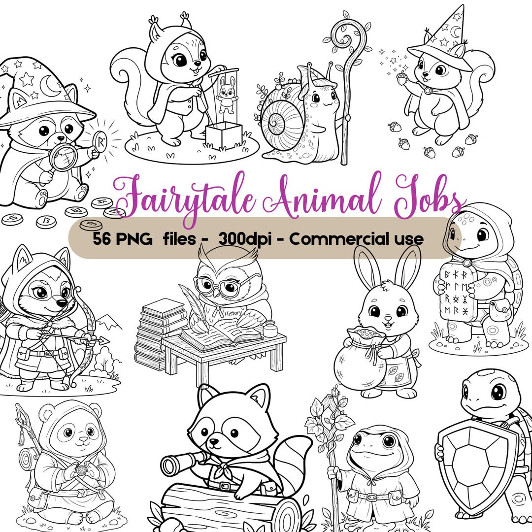 Fairytale Animal Jobs Clipart, Cute Storybook Animal Professions, Line ...