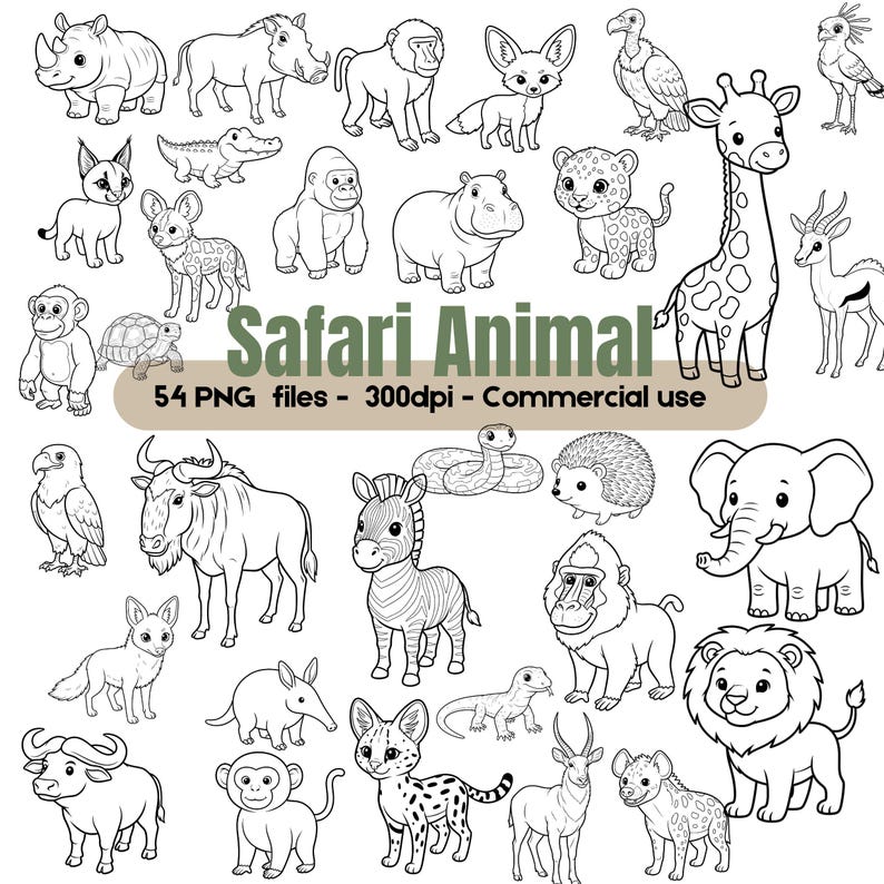 Safari Animal Line Art Clipart Bundle, Jungle Wildlife Outline PNG ...
