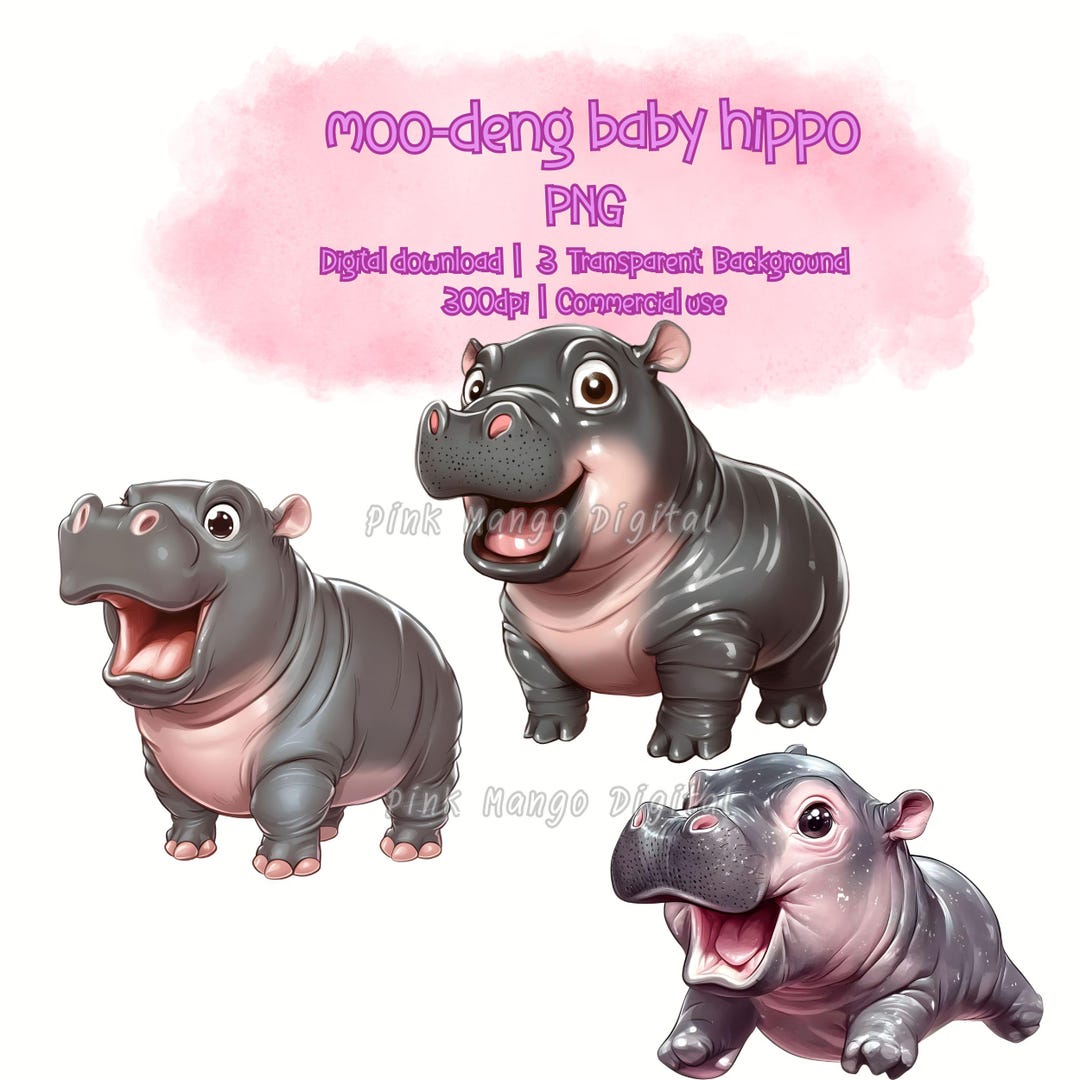 Moo-deng Baby Hippo PNG Clipart Cute Cartoon Hippo Illustration Set ...