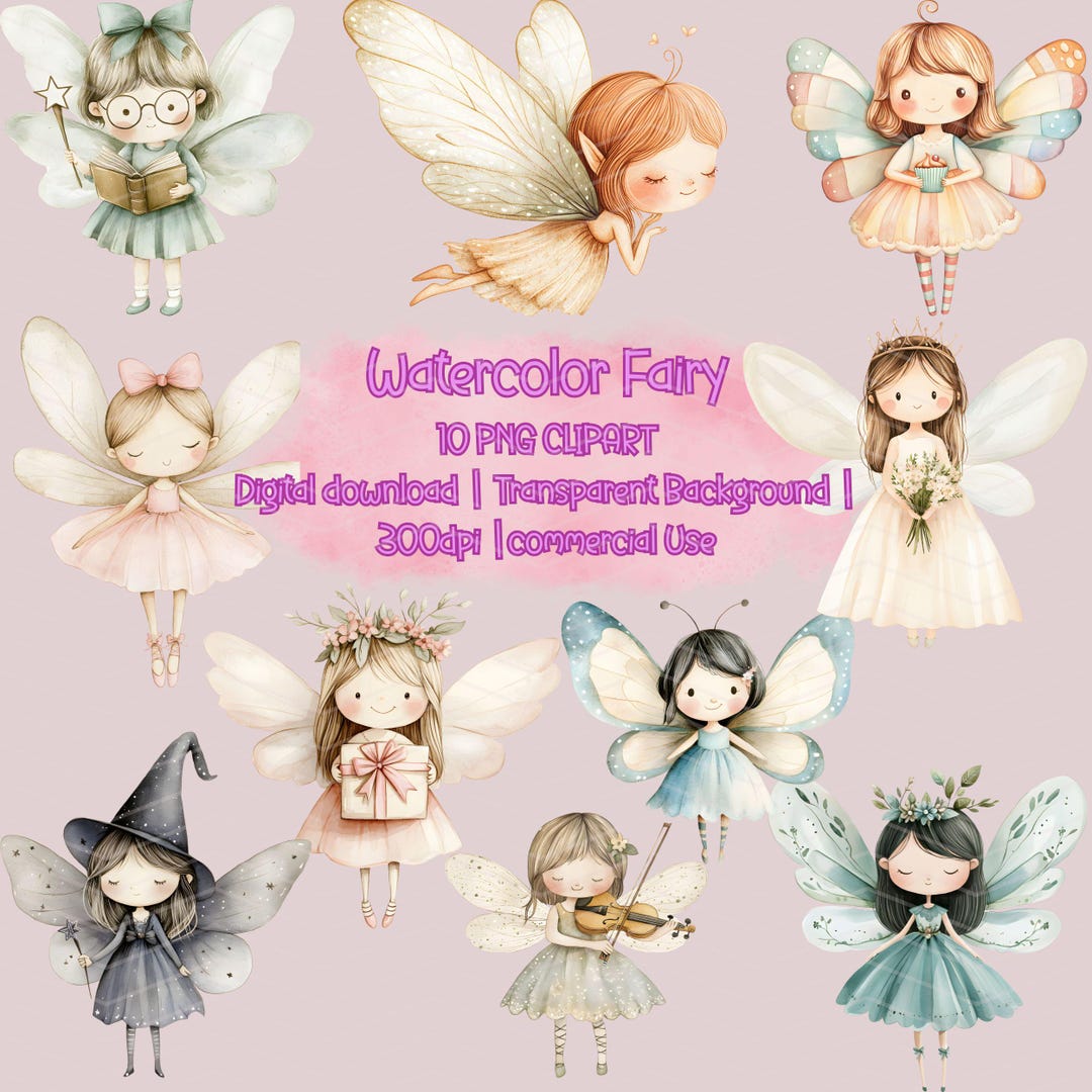 Watercolor Fairy Clipart Bundle, Whimsical Fairy Tale Elements, 10 PNG ...
