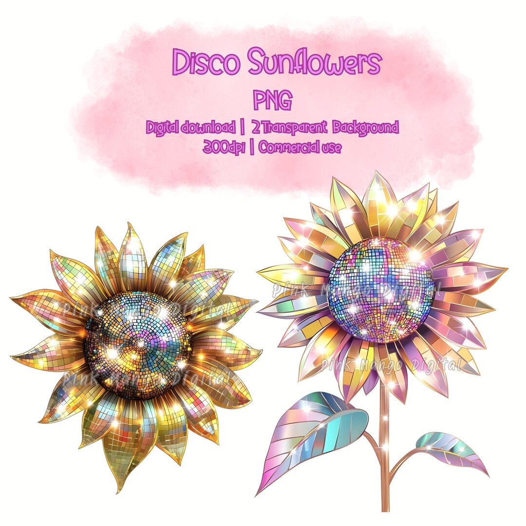 Disco Sunflower Clipart Pack | 2 PNG Sunflower Disco Ball Designs ...
