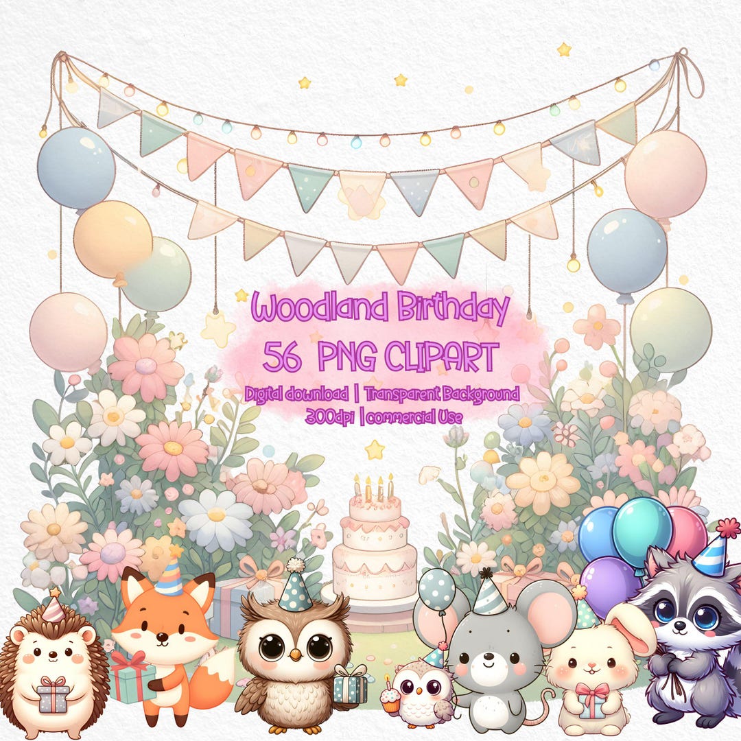 Woodland Birthday Party Clipart, Woodland Animals Nursery PNG, Birthday ...
