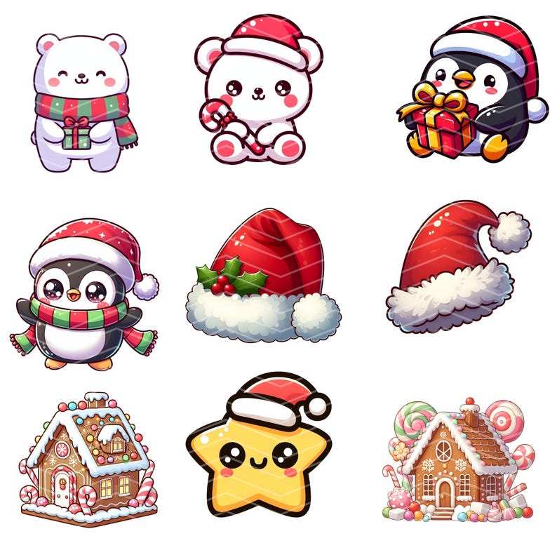 Kawaii Christmas Clipart Bundle | Cute Santa Reindeer Gingerbread PNG ...