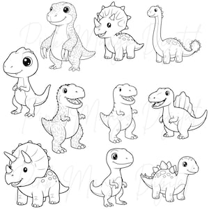 Dinosaur Clipart Bundle, 50 PNG Dino Line Art, Dinosaur Coloring Pages ...