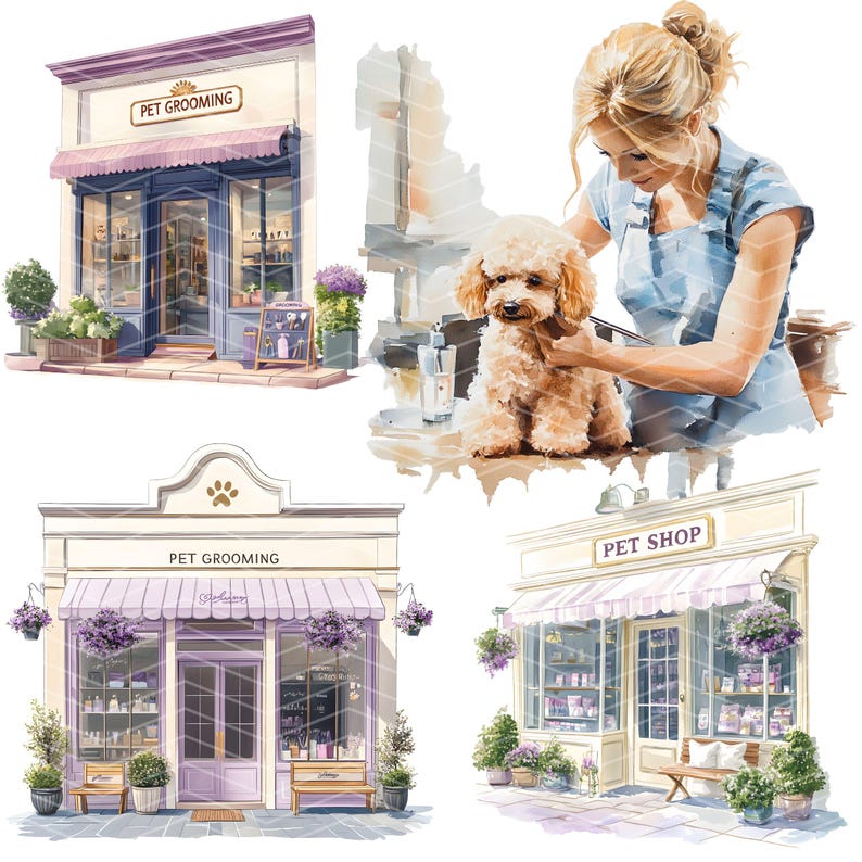 Watercolor Pet Grooming Clipart Bundle, Pet Groomer, Cat Spa Dog Spa ...